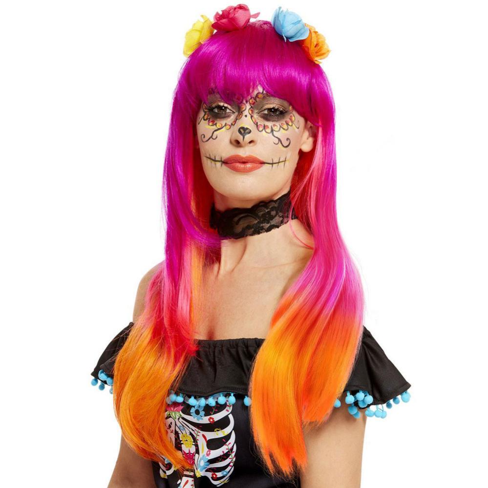 Day of the Dead Peruk Rosa och Orange - Partyhallen.se