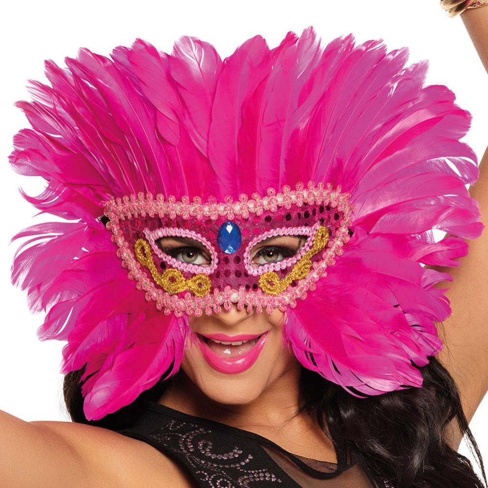 Rosa Mask med Fjädrar - Partyhallen.se