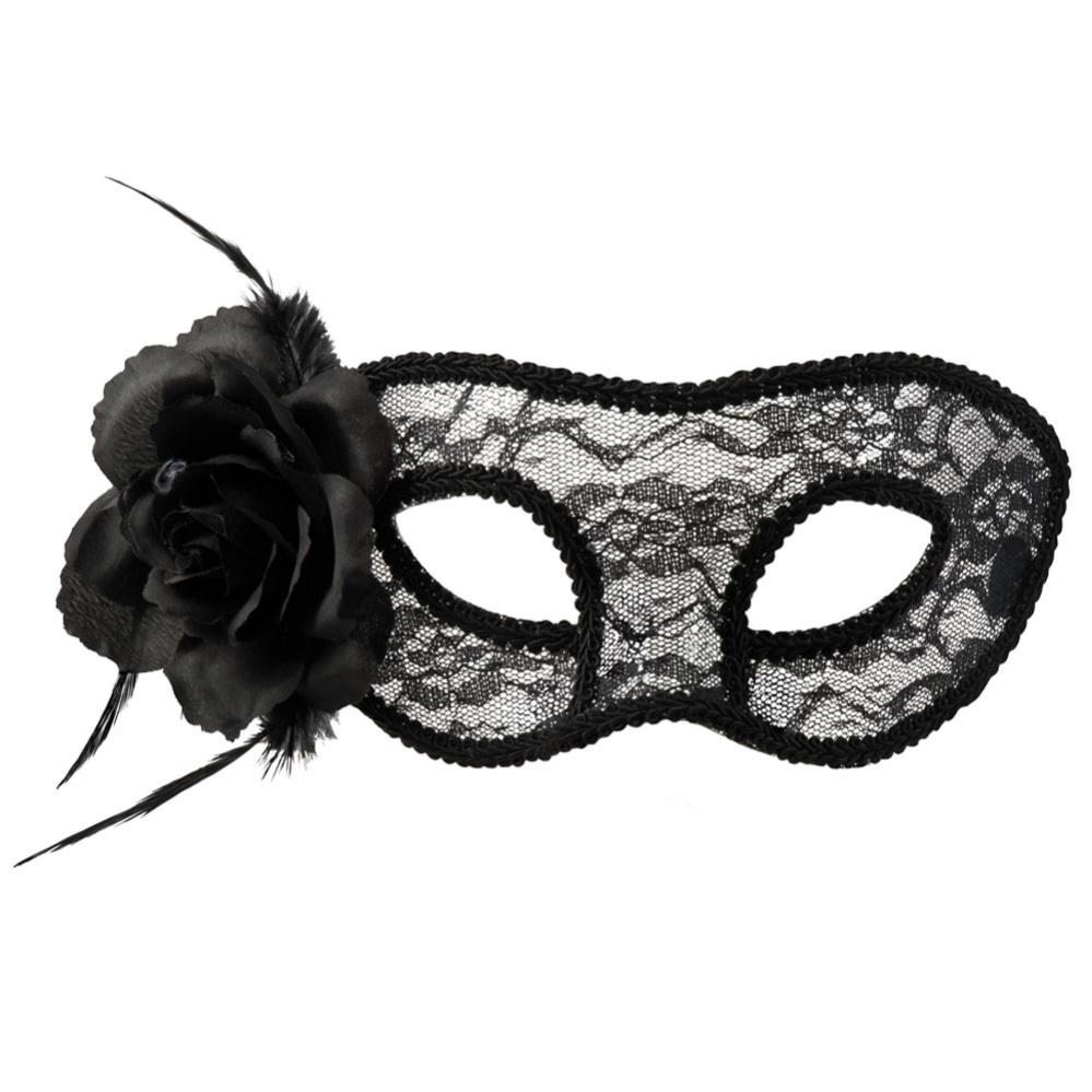 Svart Spets Mask med Blomma - Partyhallen.se