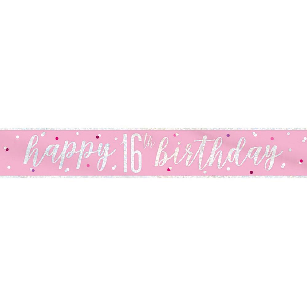 Happy 16th Birthday Banderoll Rosa & Silver - Partyhallen.se